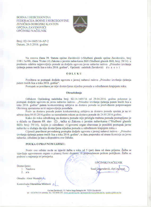 Odluka o poništenju postupka dodjele ugovora o javnoj nabavci radova ...